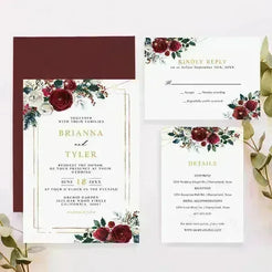 red and green floral Christmas wedding invitations - Rosy Prints