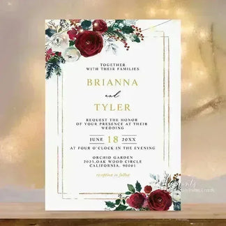 red and green floral Christmas wedding invitations - Rosy Prints
