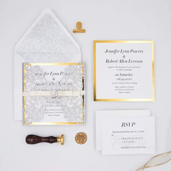 Classy Silver and Gold Glitter Wedding Invitations with Bling Stone ...