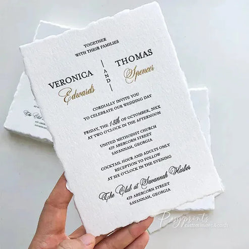 gold foil letterpress wedding invitations, deckled edge invitations ...