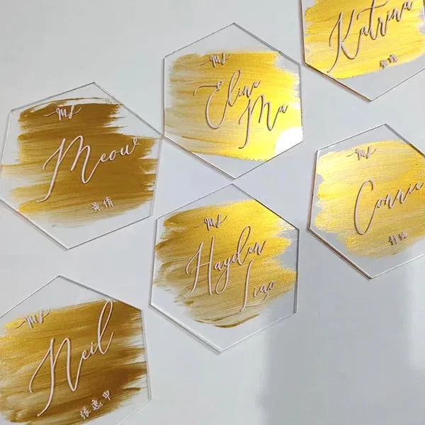 clear acrylic wedding name tags with gold stroke - Rosy Prints