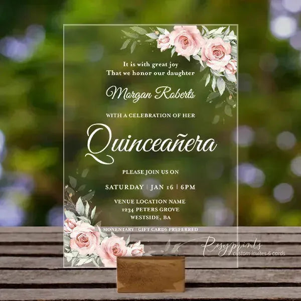 blush pink quince invitations, clear acrylic Quinceanera invitation ...