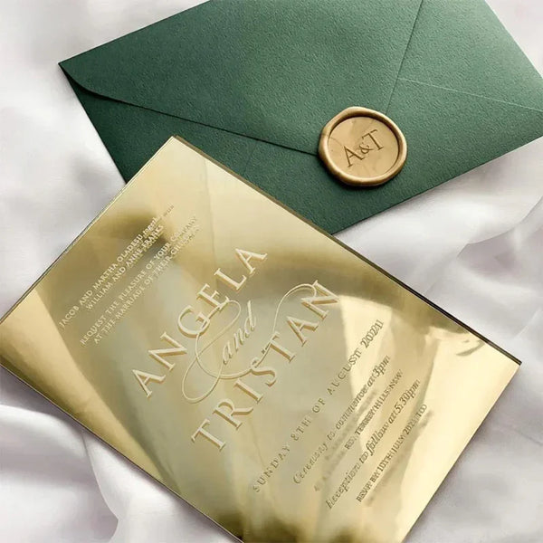 modern elegant gold mirror acrylic wedding invitations - Rosy Prints