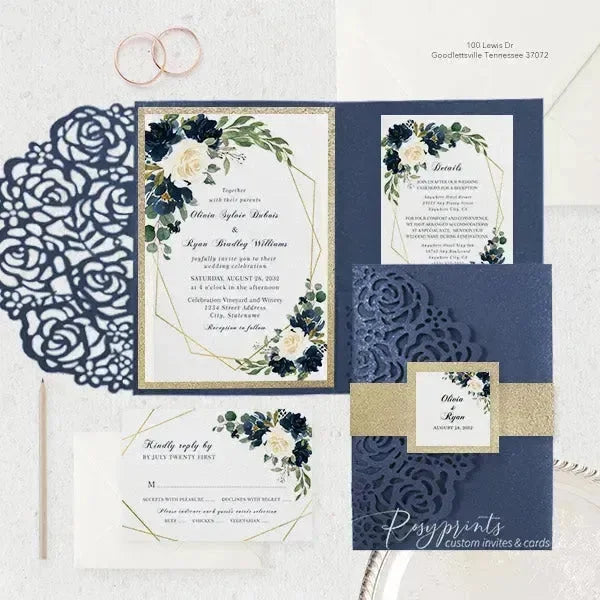 rustic navy blue and gold floral wedding invitations - Rosy Prints
