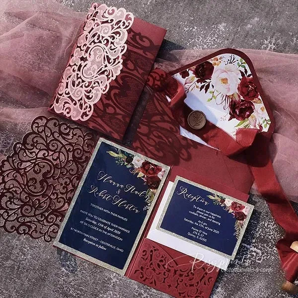 burgundy wedding invitations, Online Custom - Rosy Prints