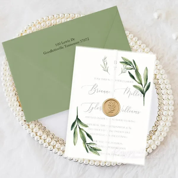 simple olive green branch wedding invitations with vellum jacket – Rosy ...