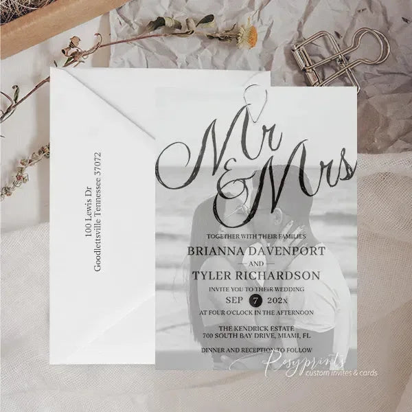 custom photo wedding invitations with vellum overlay - Rosy Prints