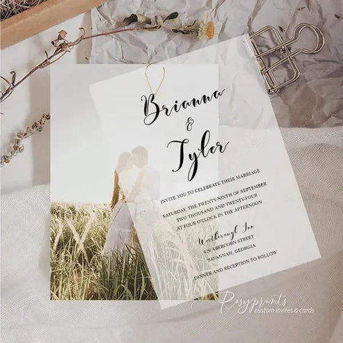 custom photo wedding invitations with vellum overlay - Rosy Prints