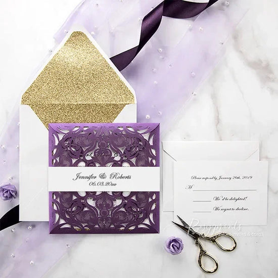 purple and gold wedding invitations, pocket wedding invitations – Rosy ...