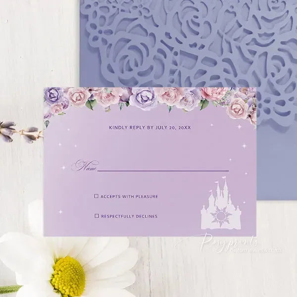 tangled rapunzel quinceanera invitations with purple and pink roses ...