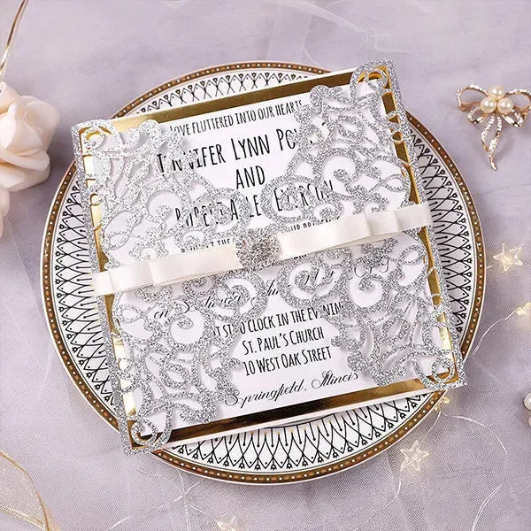 Classy Silver and Gold Glitter Wedding Invitations with Bling Stone ...