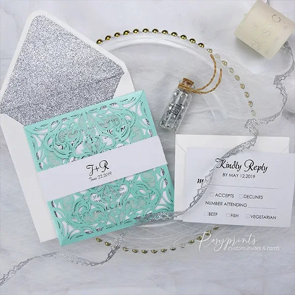 elegant tiffany wedding invitations with silver glitter - Rosy Prints