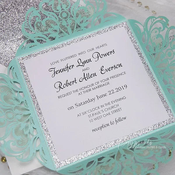 elegant tiffany wedding invitations with silver glitter - Rosy Prints