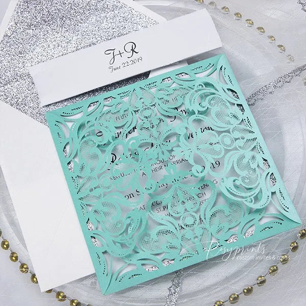 elegant tiffany wedding invitations with silver glitter - Rosy Prints
