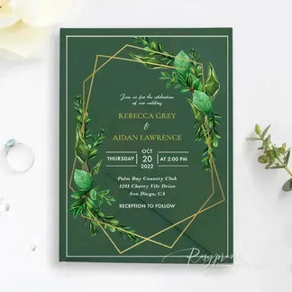 emerald green tropical acrylic wedding invitations save the date – Rosy ...